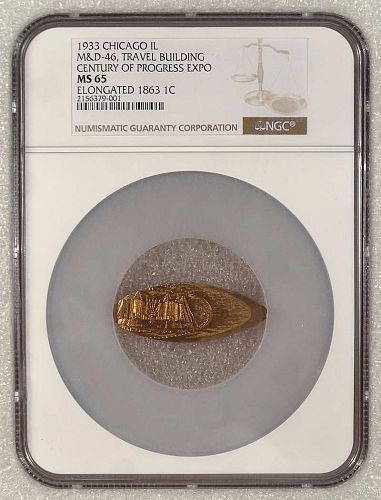 Elongated Cent, 1933 Century of Progress, NGC MS-65, On 1863 Indian ...