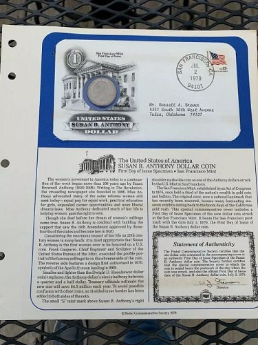 Lot of dollar Susan B. Anthony first day coin "covers", 1979, Frank ...