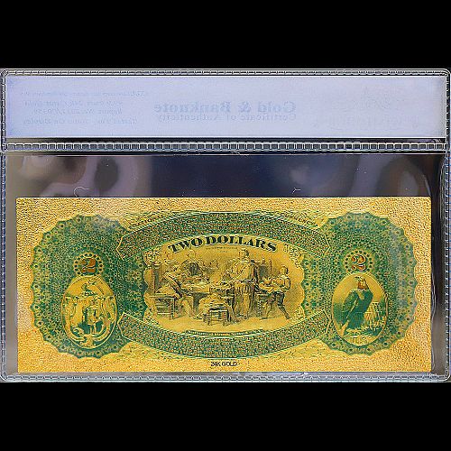 100mg 24K Gold 1875 $2 Two Dollar Bill National Currency Banknote with ...