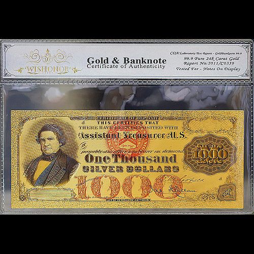 100mg 24K Gold 1878 $1000 Dollars Silver Certificate Banknote with ...