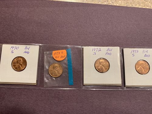 FOUR UNC RED LINCOLN MEMORIAL CENTS, ONE IN OGP MYLAR --- TOUGH MINT ...