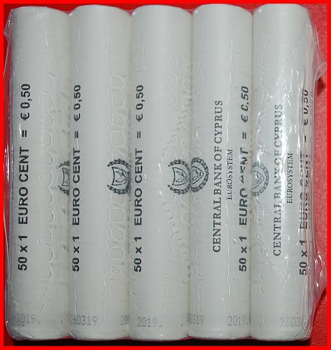 GREECE (2010-2024): CYPRUS ★ 1 EURO CENT 2019 MOUFLON UNC 5 ROLLS PACK ...
