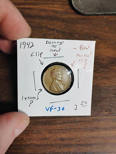 1942 lincoln wheat cent, vf-30 details: damage to head on obv, clip ...