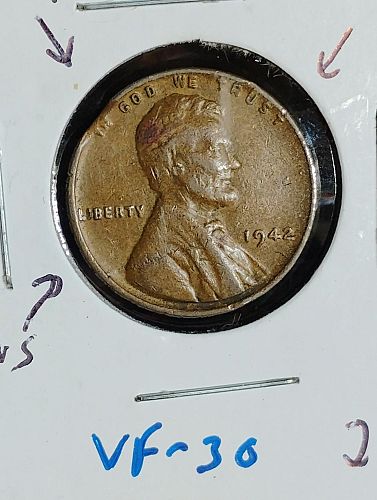 1942 lincoln wheat cent, vf-30 details: damage to head on obv, clip ...