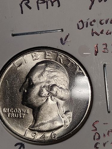 1946-D D/D RPM WASHINGTON QUARTER WITH 7 DIE CRACKS & DIE CHIP MS-63 ...