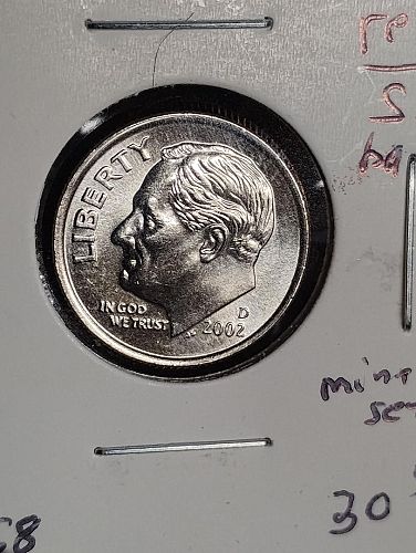 2002-D ROOSEVELT DIME STRUCK THROUGH HAIR ON REVERSE: "D" OF "DIME" MS ...