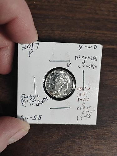 2017-P ROOSEVELT DIME AU-58 PARTIAL MISSING CLAD ON OBVERSE , DIE CHIPS ...