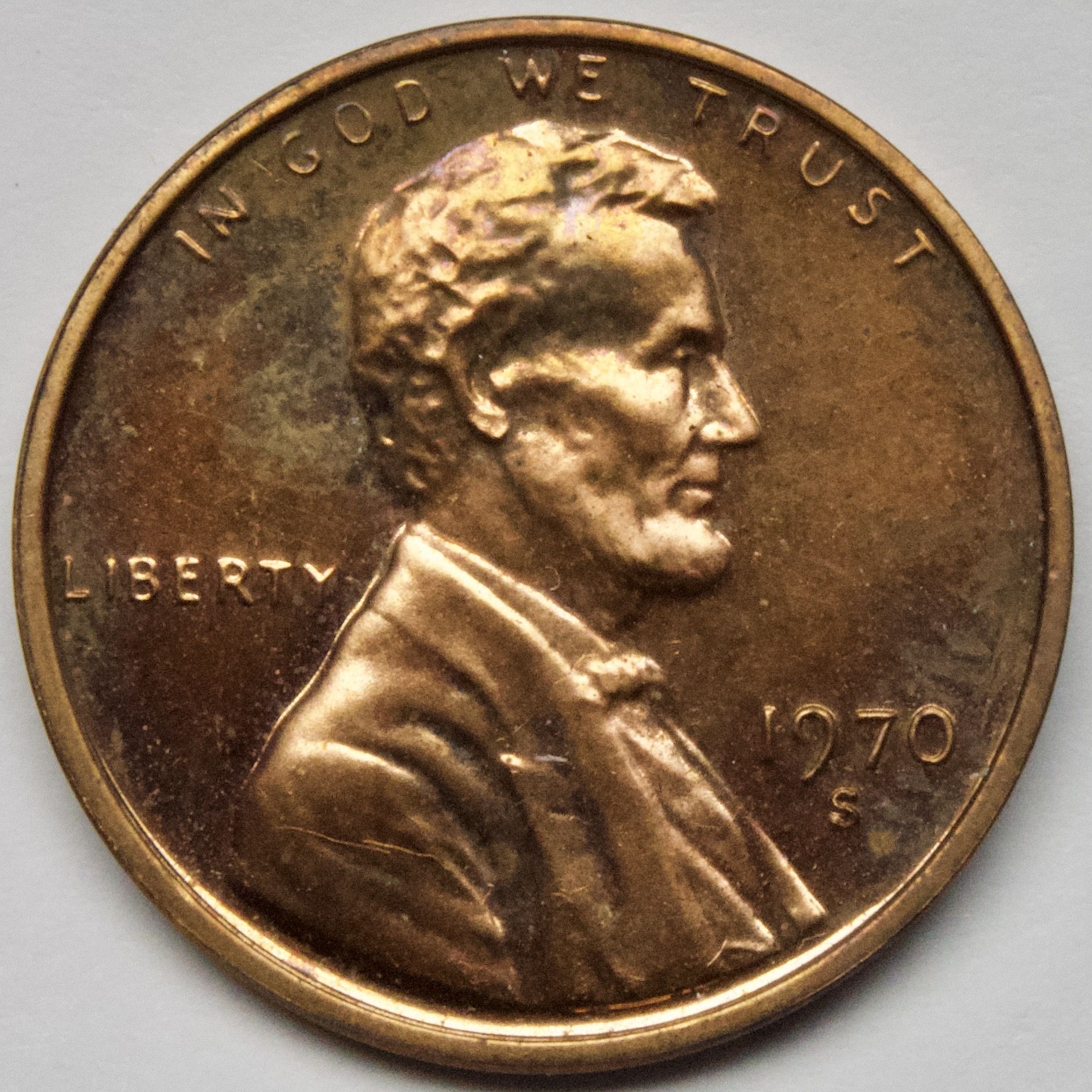 1970 S Lincoln Memorial Cent Large Date#17 PROOF Toned Obverse - For ...