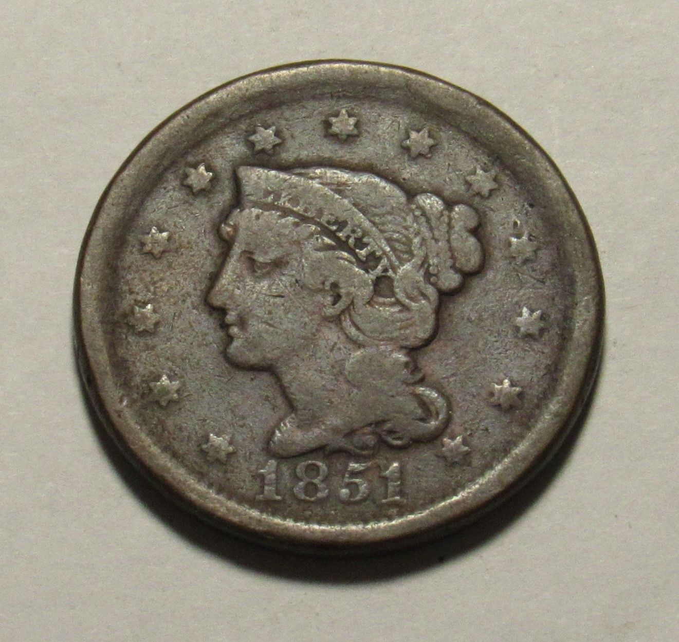 1851 P Braided Hair Liberty Head Large Cent, Normal Date in circulated ...