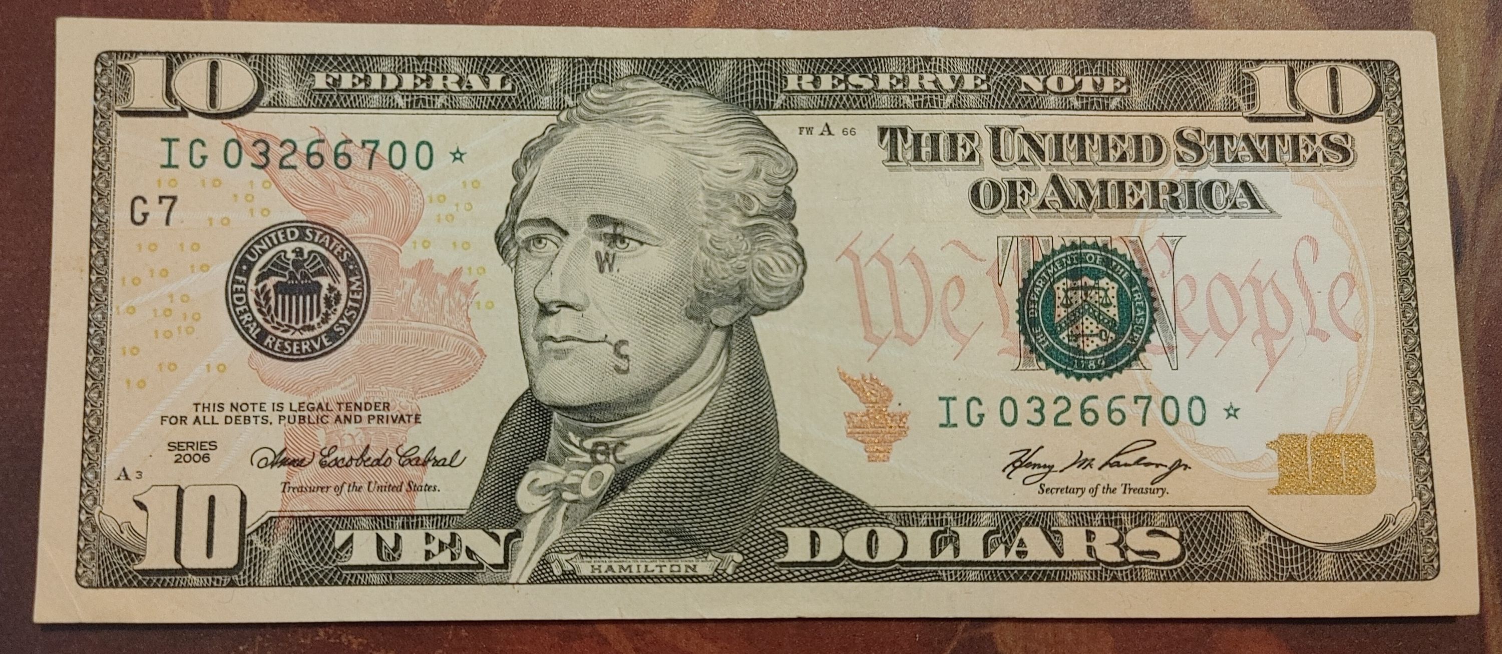 2006 10 Dollar STAR NOTE VERY RARE BILL Serial Number IG 03266700 For