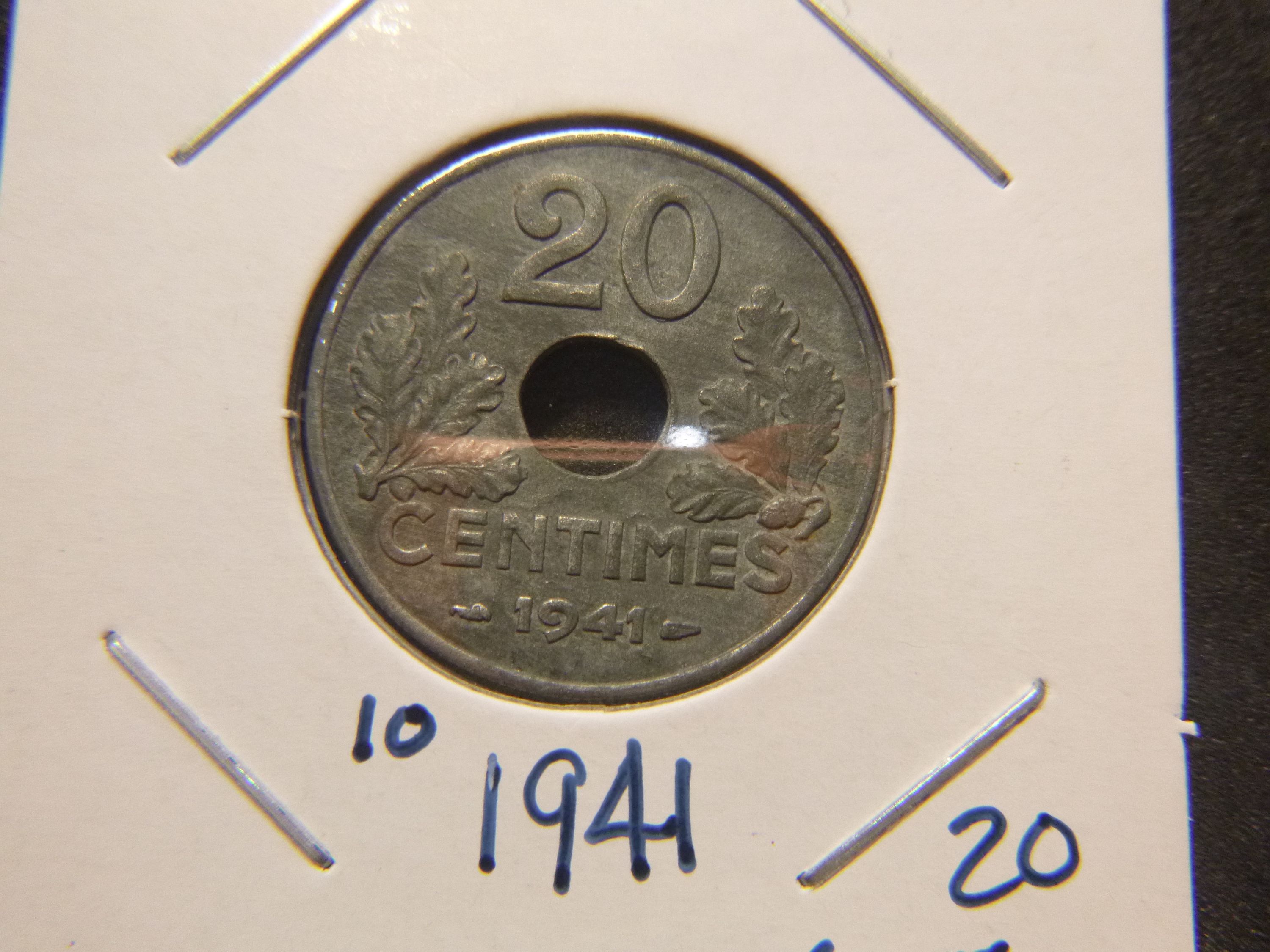 FRANCE 1941 20 Centimes Vichy French State, Zinc, "20", heavy type ...