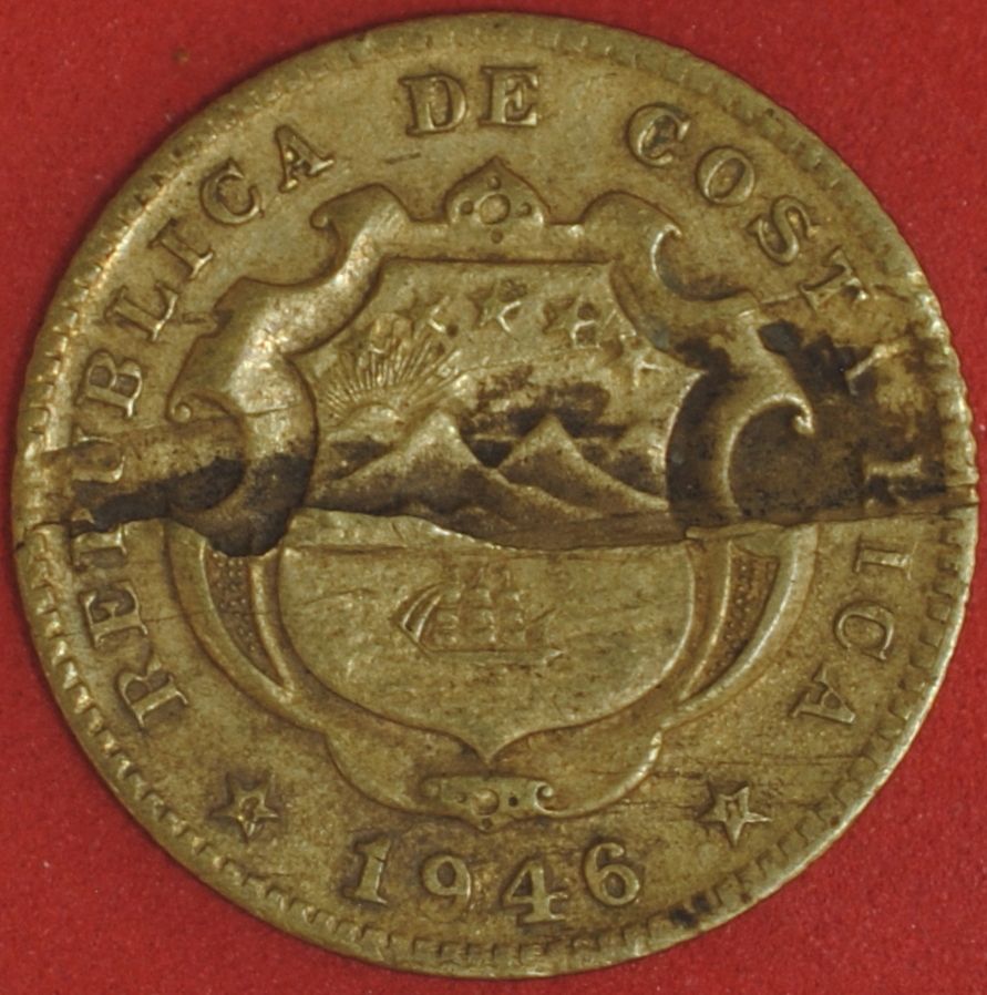 1946 Costa Rica 25 Centimos VF Major Lamination - For Sale, Buy Now ...