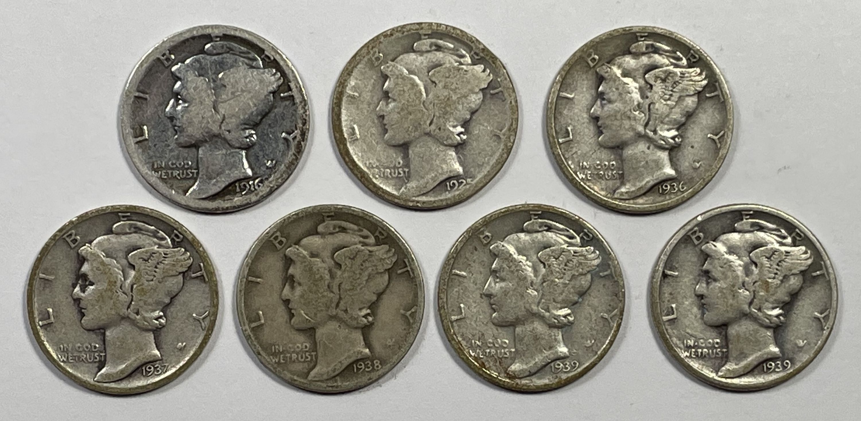 Lucky 7 Lot of Mercury Silver Dimes 1916 to 1939 - Online Coin Auction ...