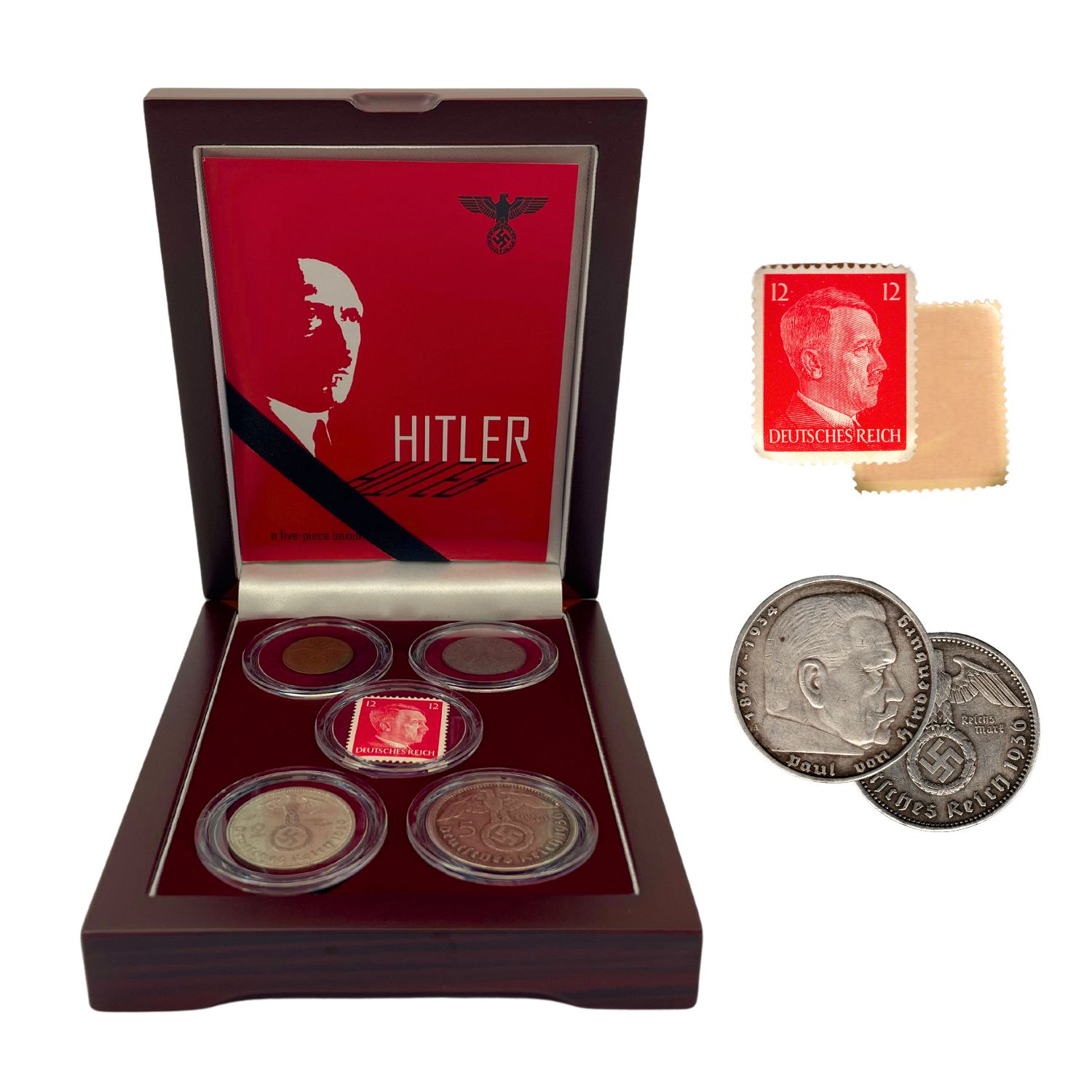 Adolf Hitler: A collection of four coins and one stamp (Five-Coin Box ...