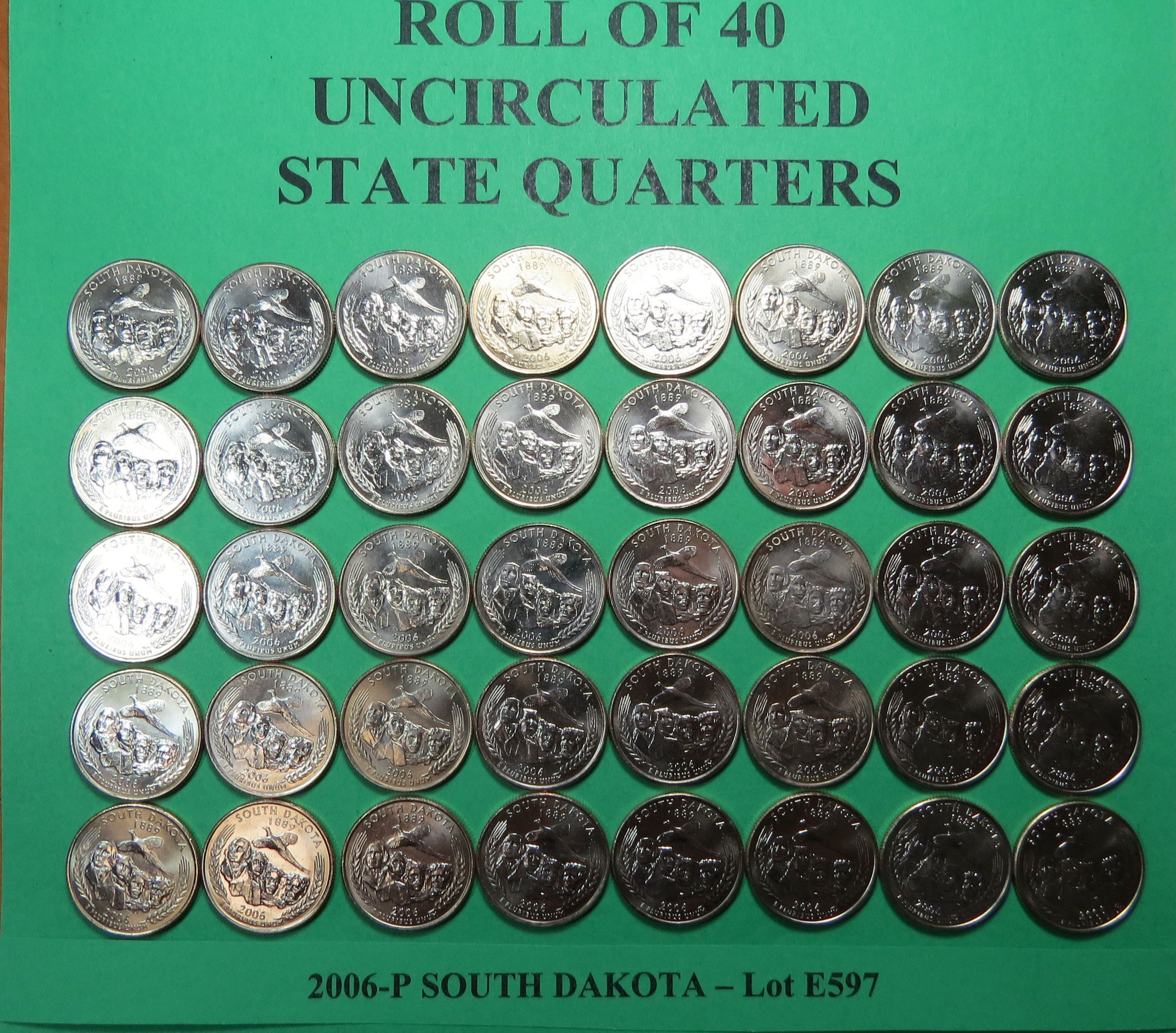 2006-P SOUTH DAKOTA UNCIRCULATED STATE QUARTER ROLL (40 COINS) Lot E597 ...