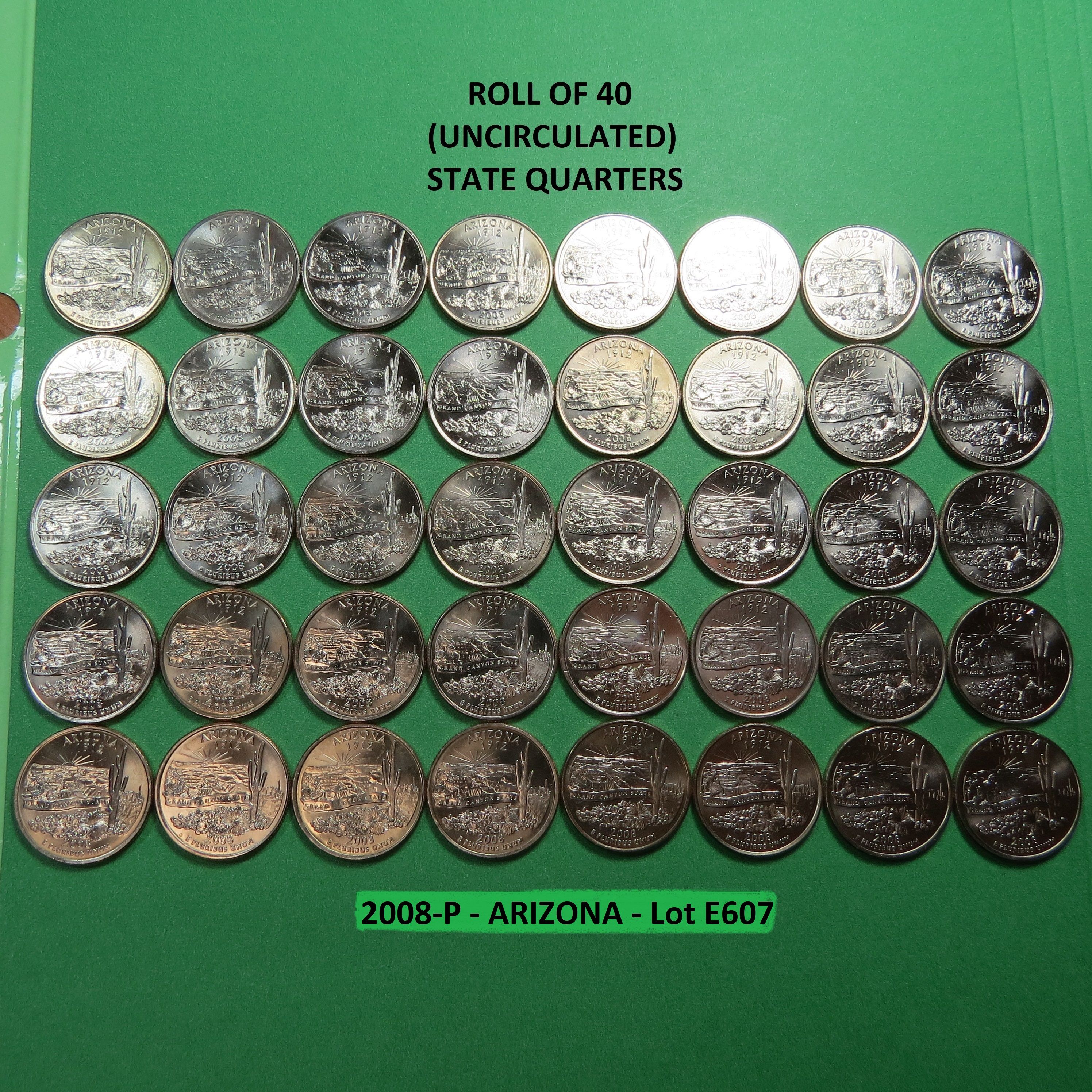 2008-P ARIZONA UNCIRCULATED STATE QUARTER ROLL (40 COINS) Lot E607 ...