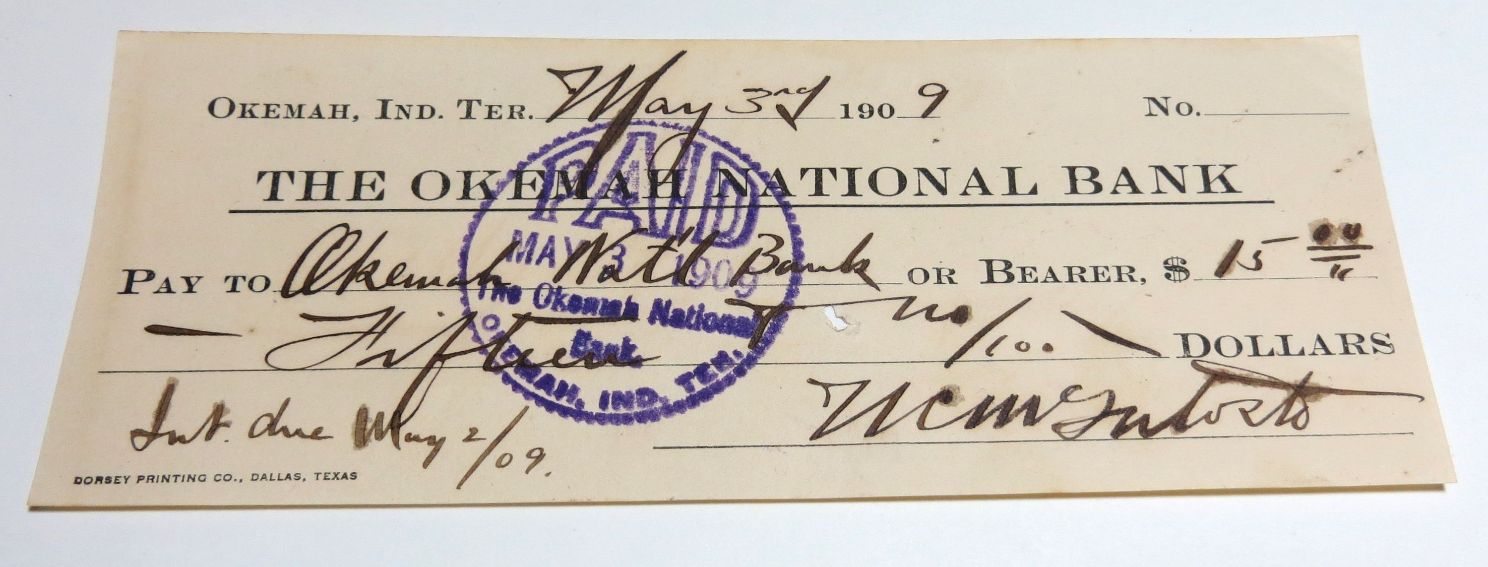 Indian Territory Bank Check, The Okemah National Bank, Okemah Oklahoma ...