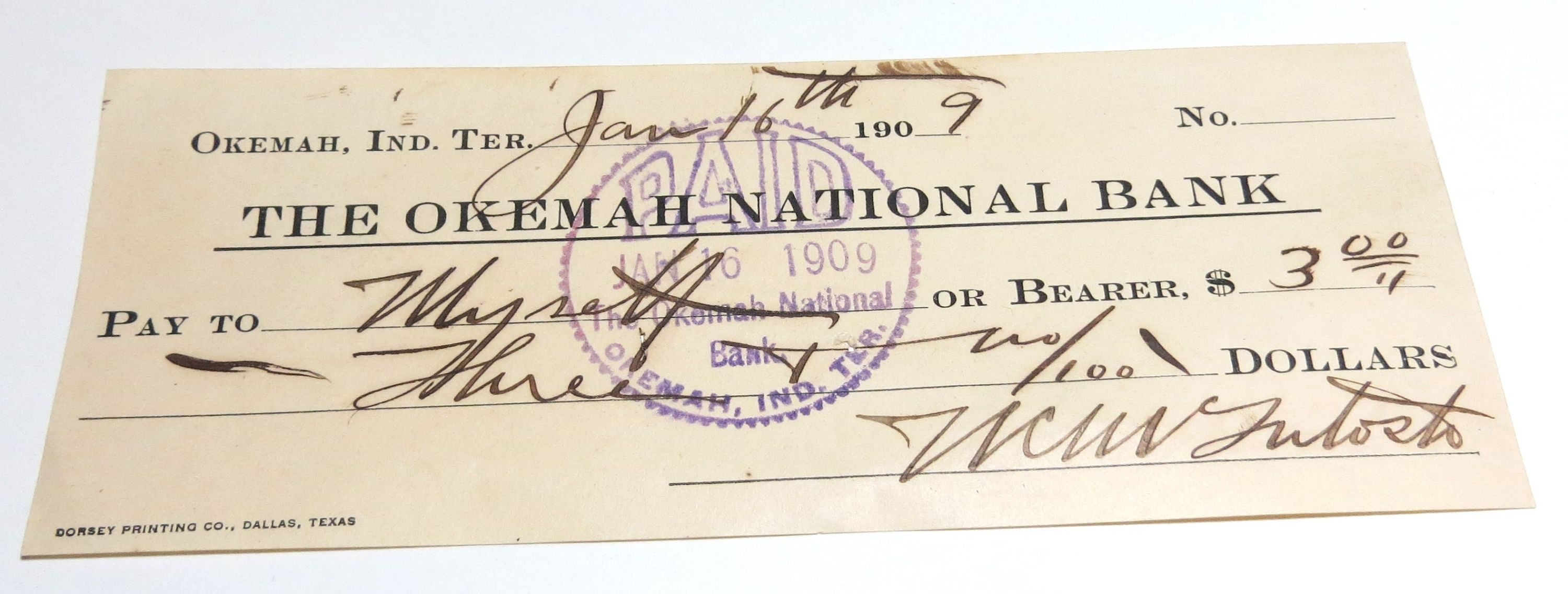 Indian Territory Bank Check, The Okemah National Bank, Okemah Oklahoma ...
