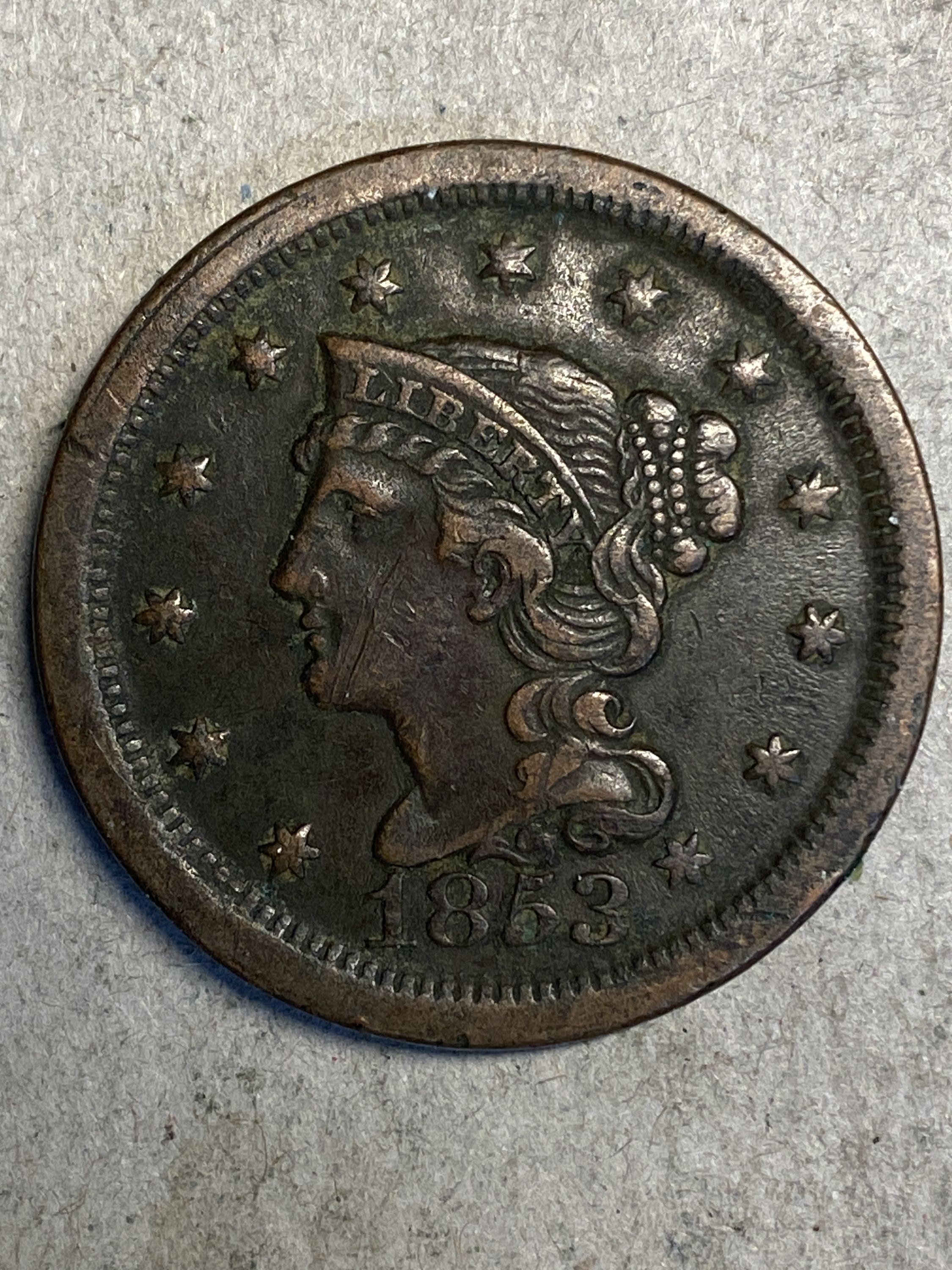 1853 Braided Hair Large Cent Ch VF30 - For Sale, Buy Now Online - Item ...