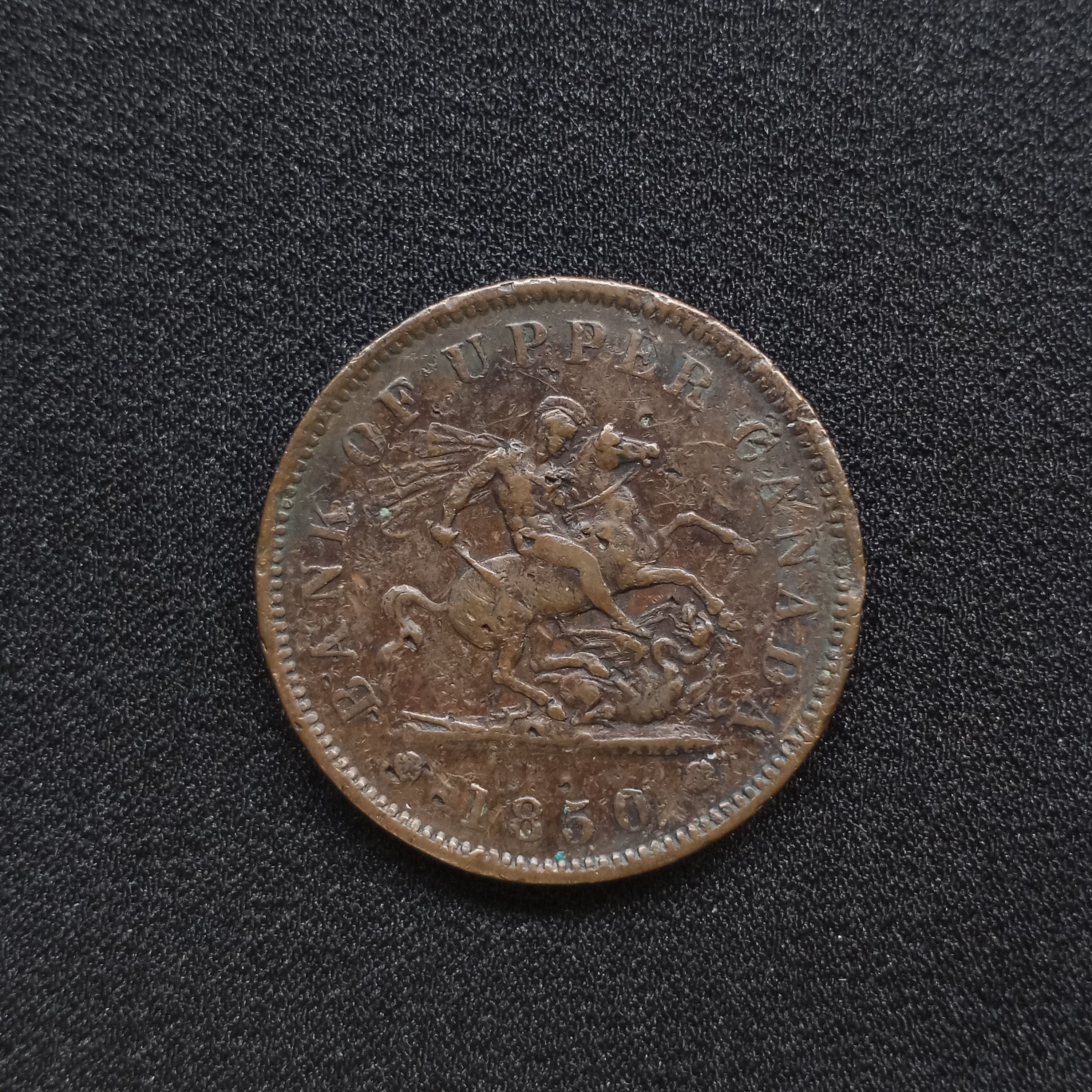 1850 BANK OF UPPER CANADA ONE PENNY DRAGON SLAYER first year issue ...