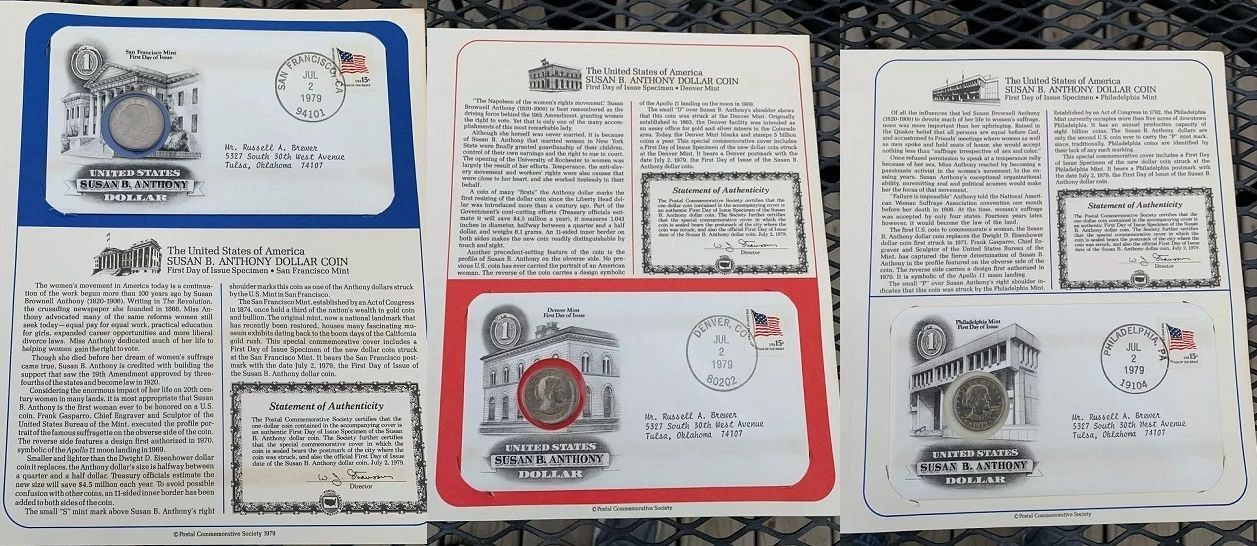 Lot of dollar Susan B. Anthony first day coin "covers", 1979, Frank ...