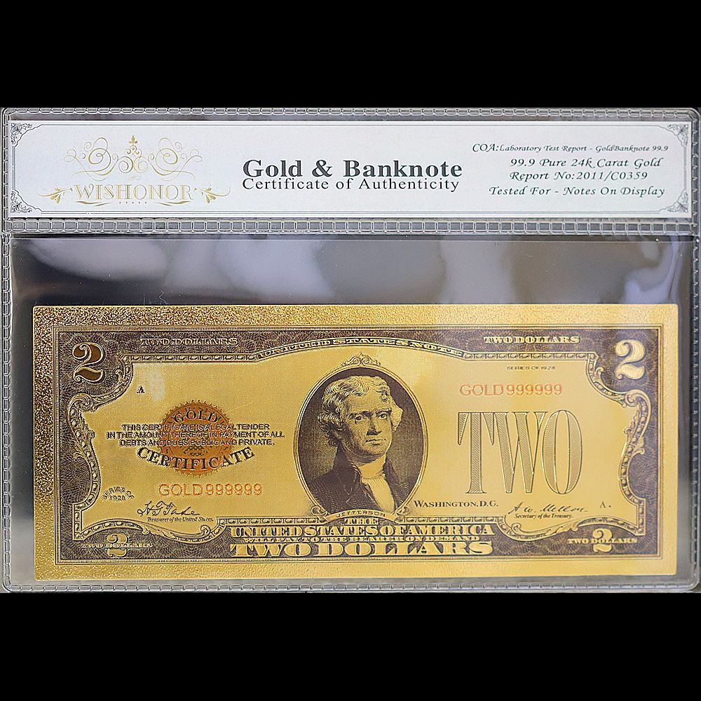 100mg 24K Gold 1928 $2 Two Dollar Bill Gold Certificate Banknote - with ...
