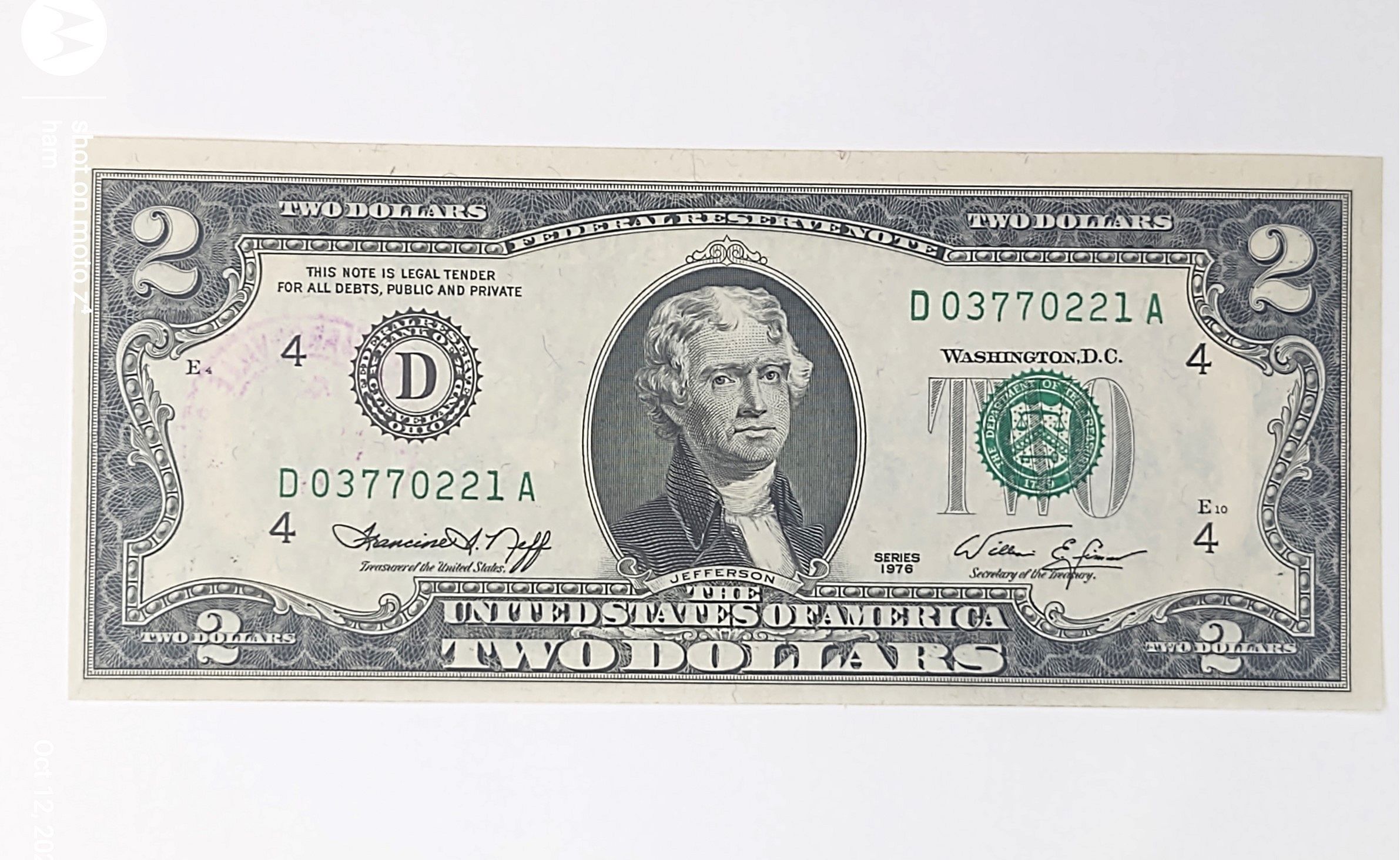1976 Two Dollar Bill 1st day of issue, Post Marked, Uncirculated - For ...