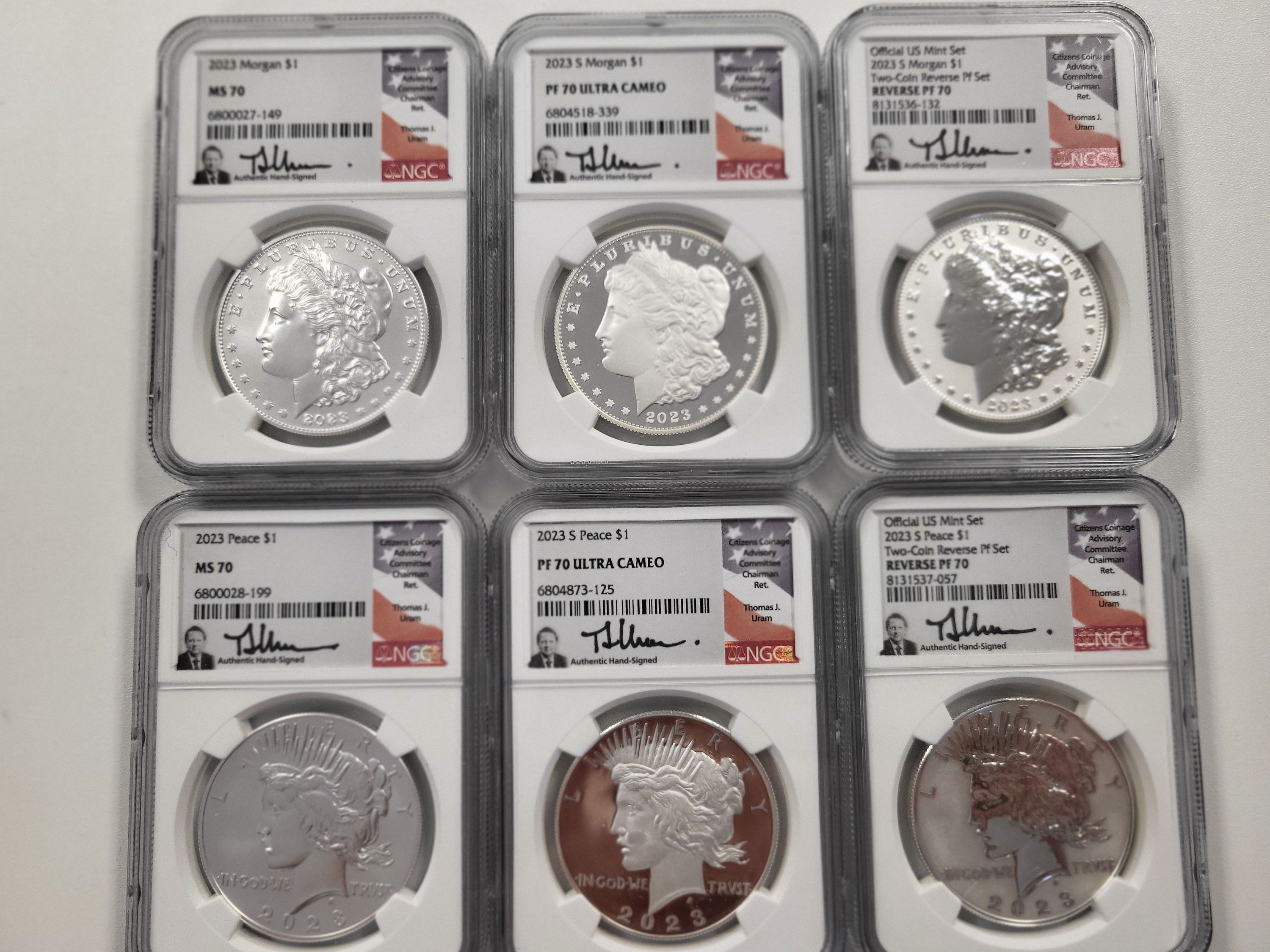 6 COIN SET 2023 MORGAN & PEACE MS70,PF70,RPF70 -THOMAS URAM SIGNED ...