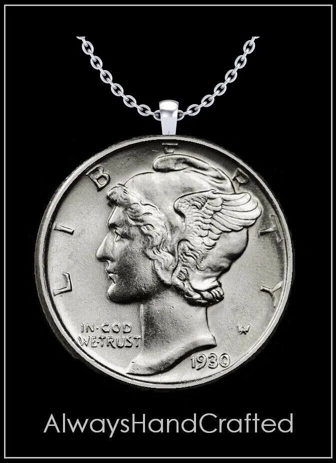 MERCURY DIME Necklace - Silver US Vintage Coin Pendant - 24" Stainless ...