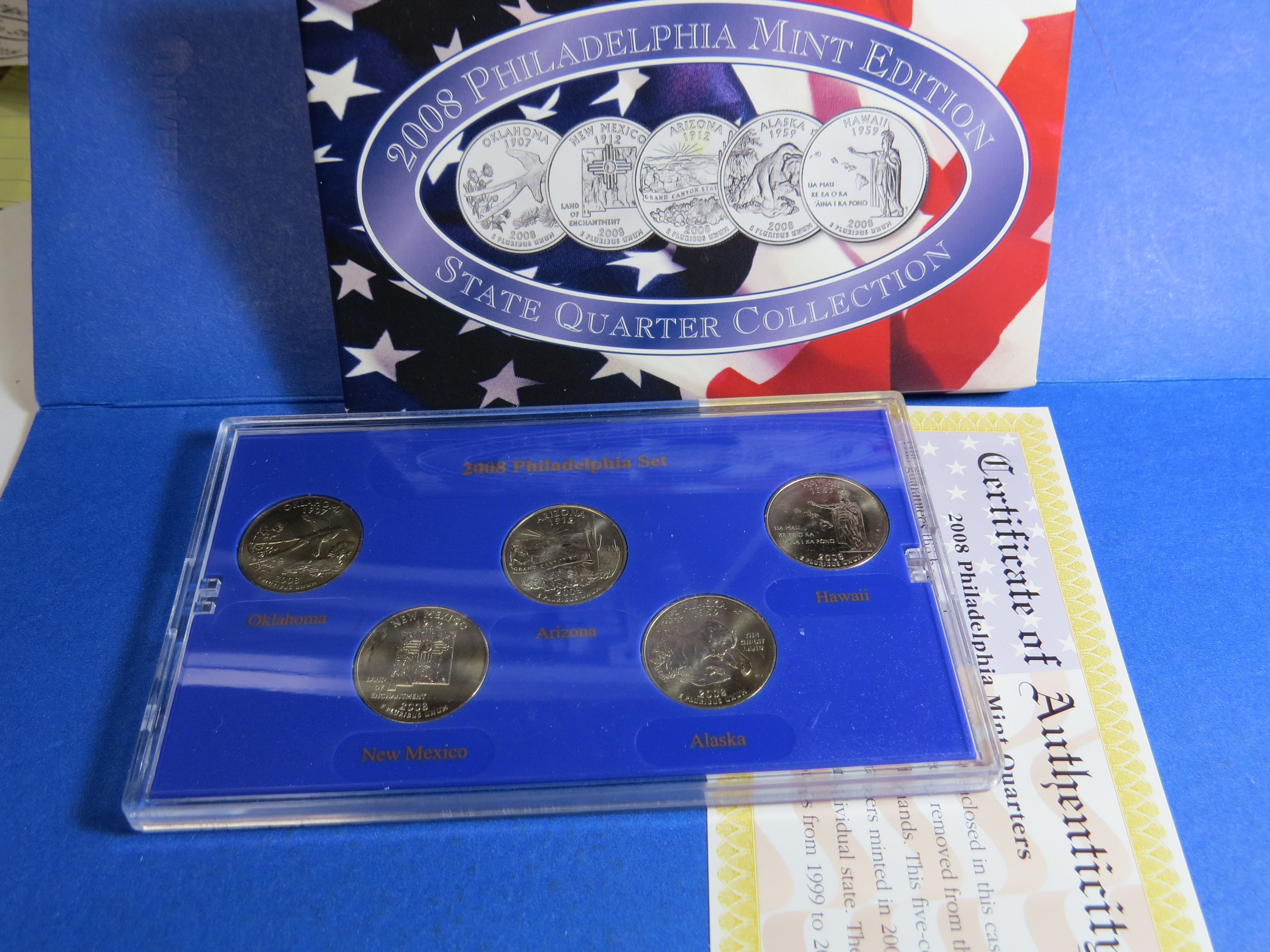 2008-P STATE QUARTER SET OF ALL 5 QUARTERS - UNCIRCULATED IN BOX WITH ...