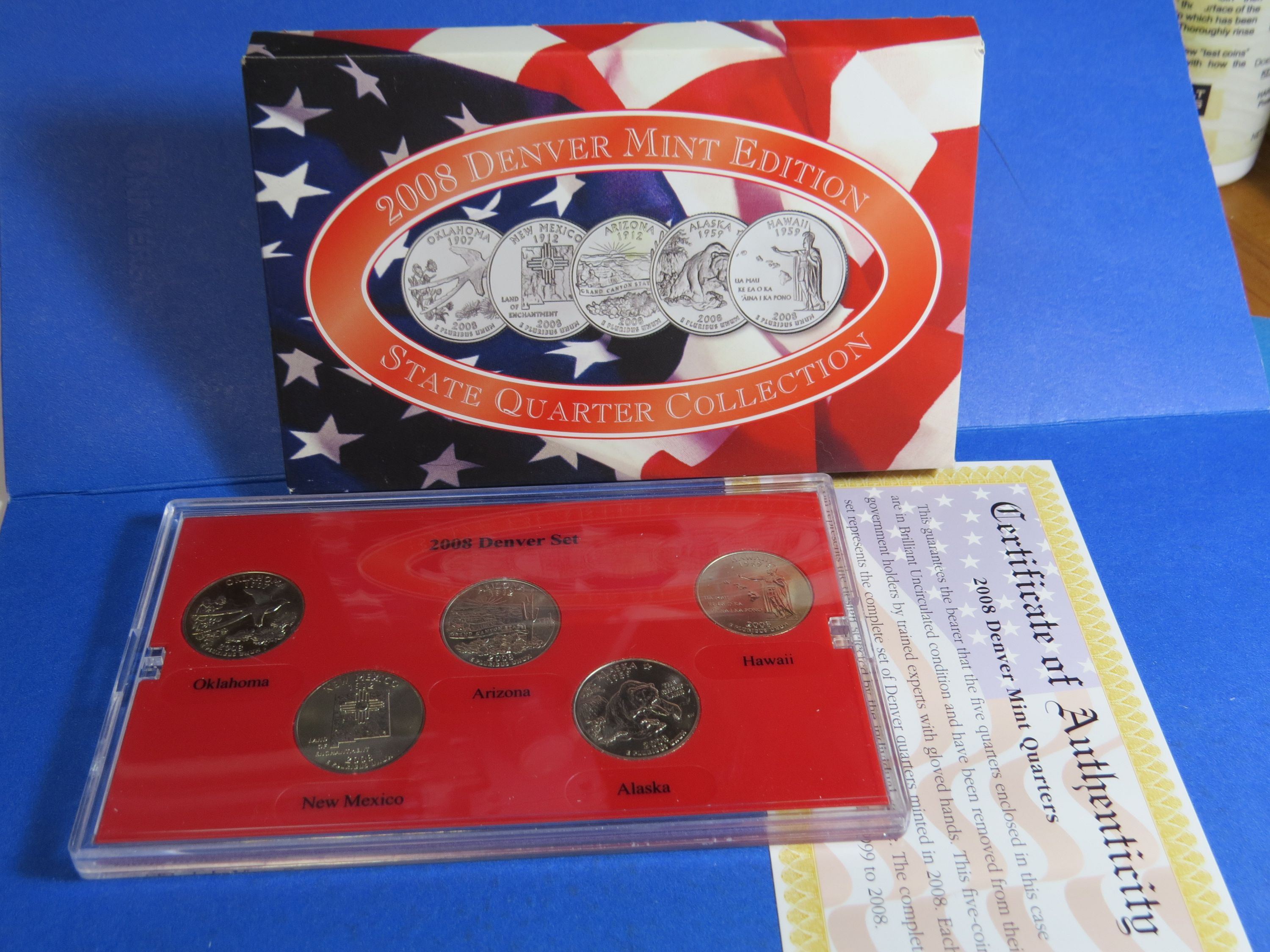 2008-D STATE QUARTER SET OF ALL 5 QUARTERS - UNCIRCULATED IN BOX WITH ...
