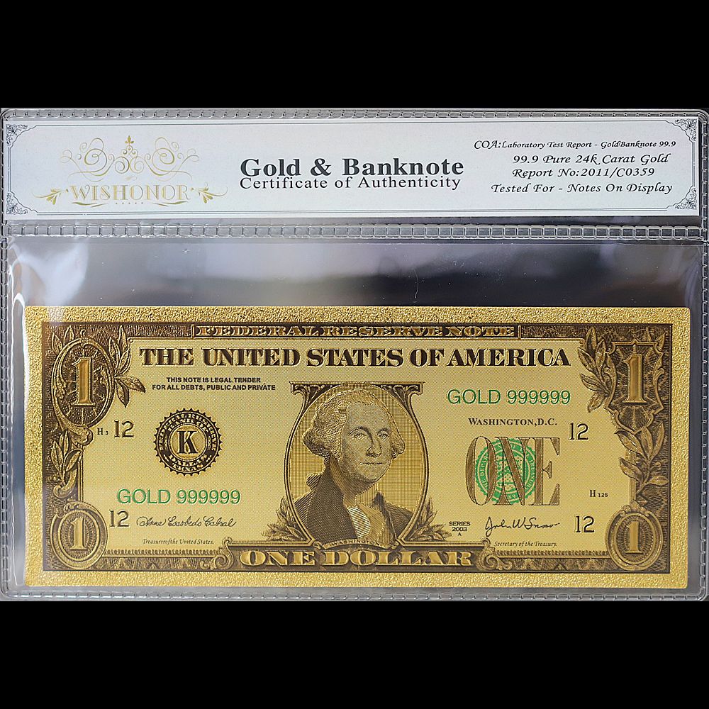 100mg 24K Gold 2003 $1 One Dollar Bill Federal Reserve Banknote with ...