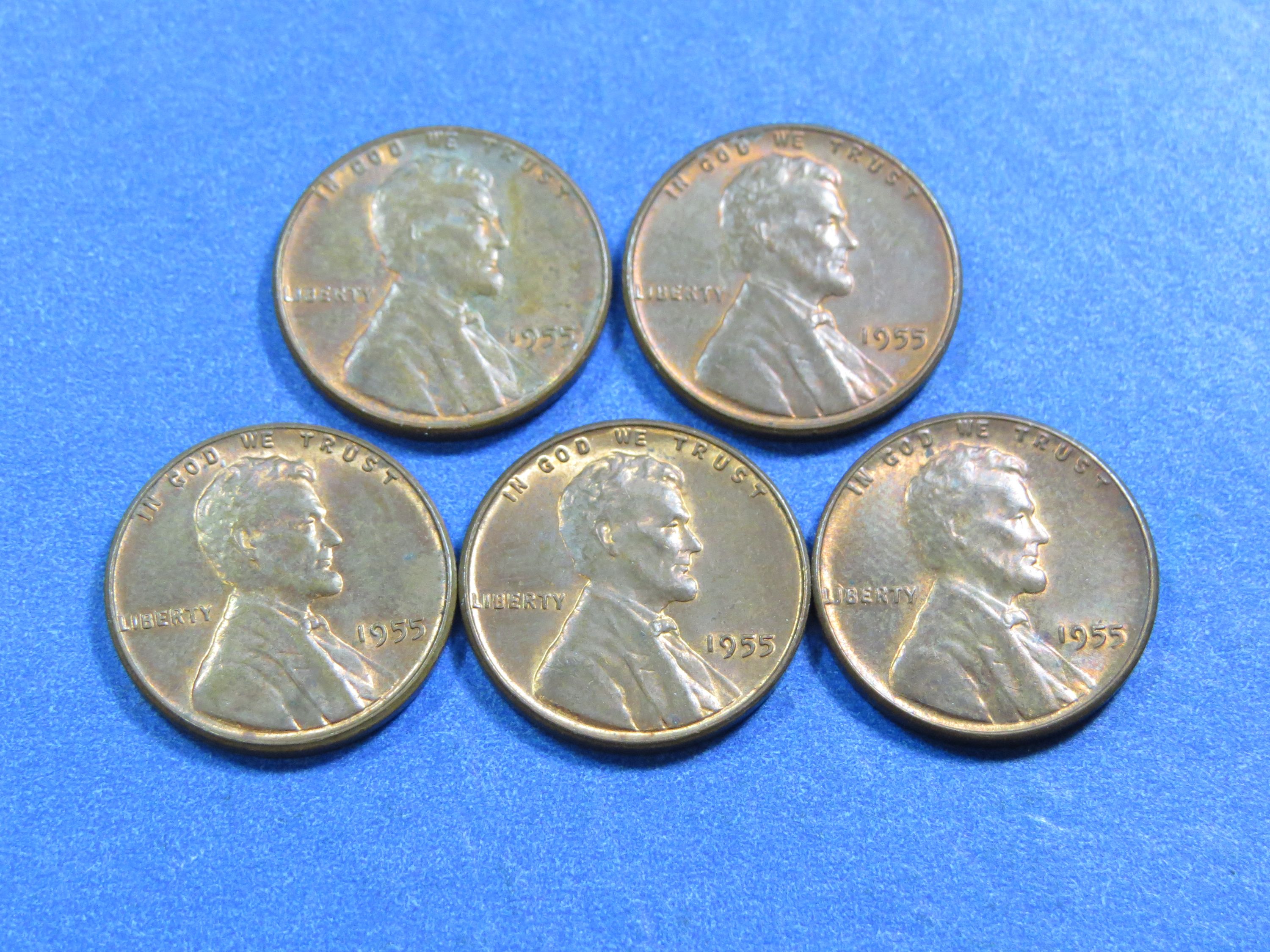 1955-P LINCOLN CENT - LOT OF 5 COINS WITH SOME RED - LOT H685 - For ...