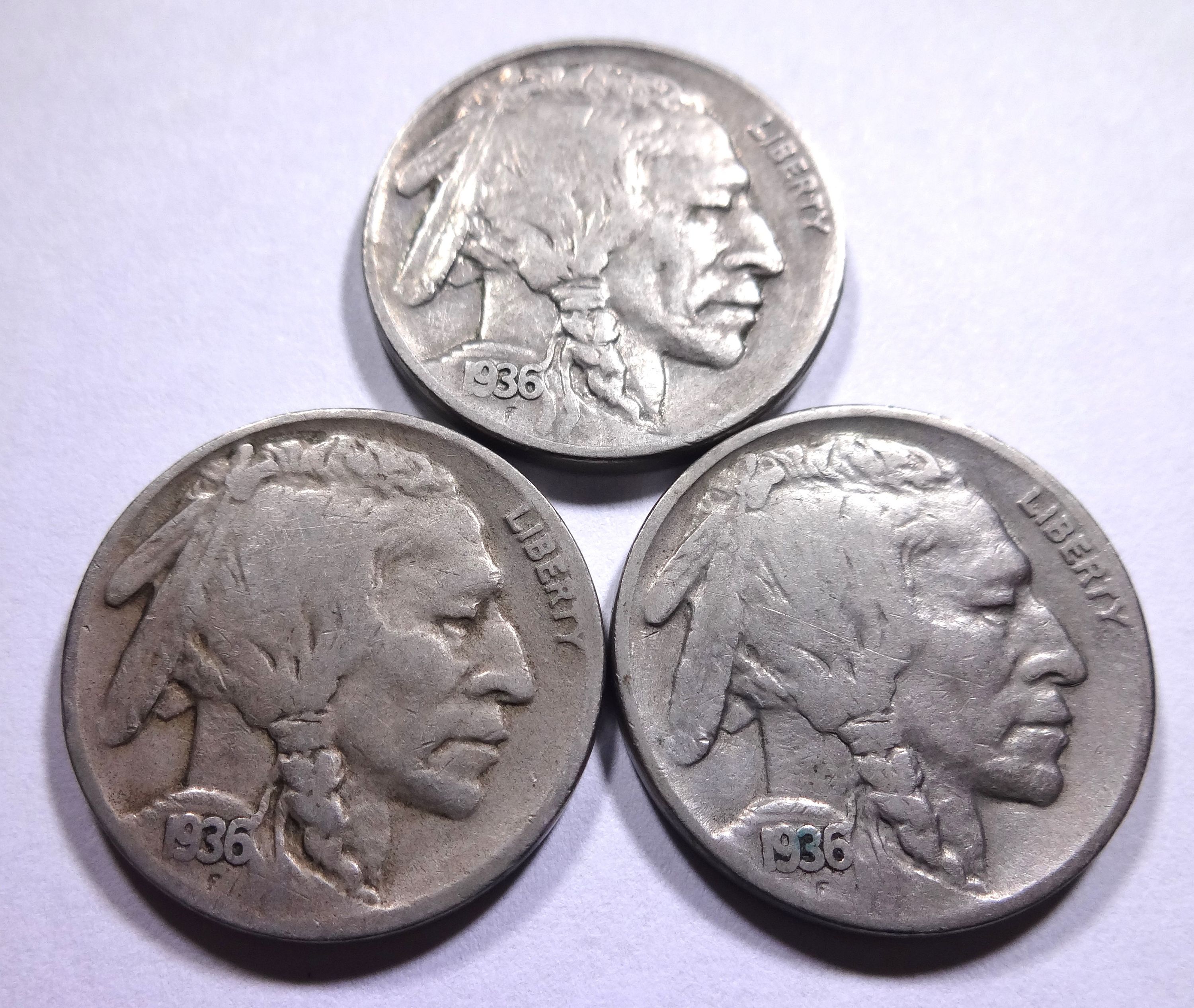 Lot of (3) Buffalo Nickels: 1936-P 1936-D 1936-S - complete year set ...