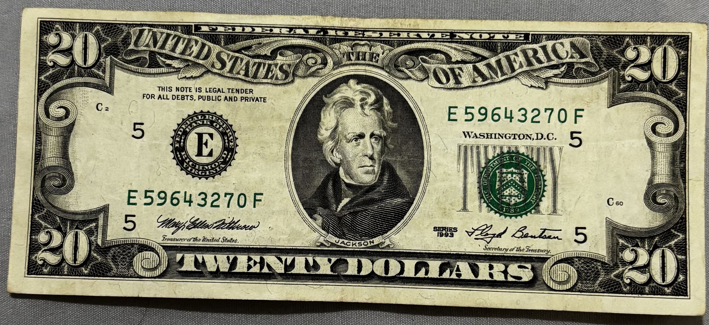 US Paper Money $20 Date 1993 - All Unique Digits - For Sale, Buy Now ...