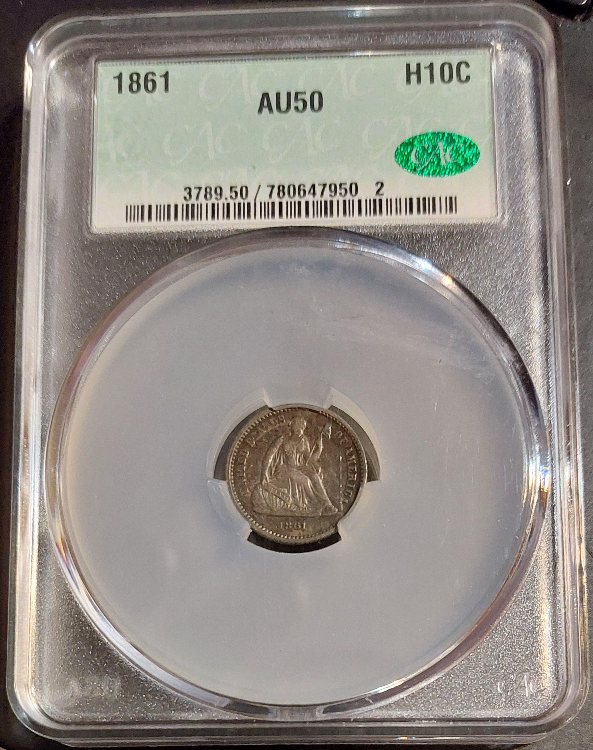 1861 US H10c HALF DIME Coin JUST GRADED New CAC AU50 Slabbed, Lovely ...