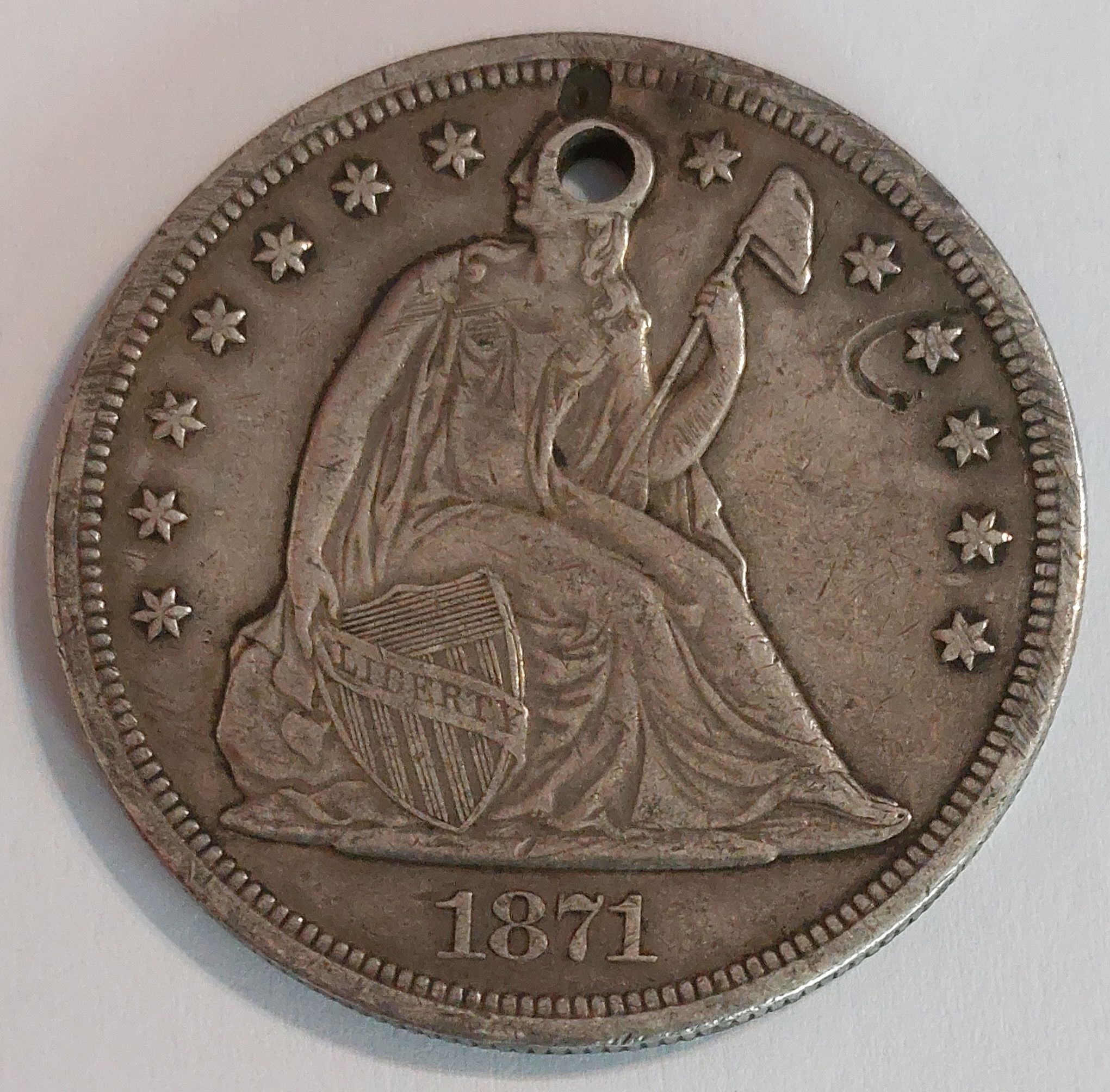 1871 Seated Liberty Silver $1 Dollar Coin XF Devices, Holed - ONLY ...