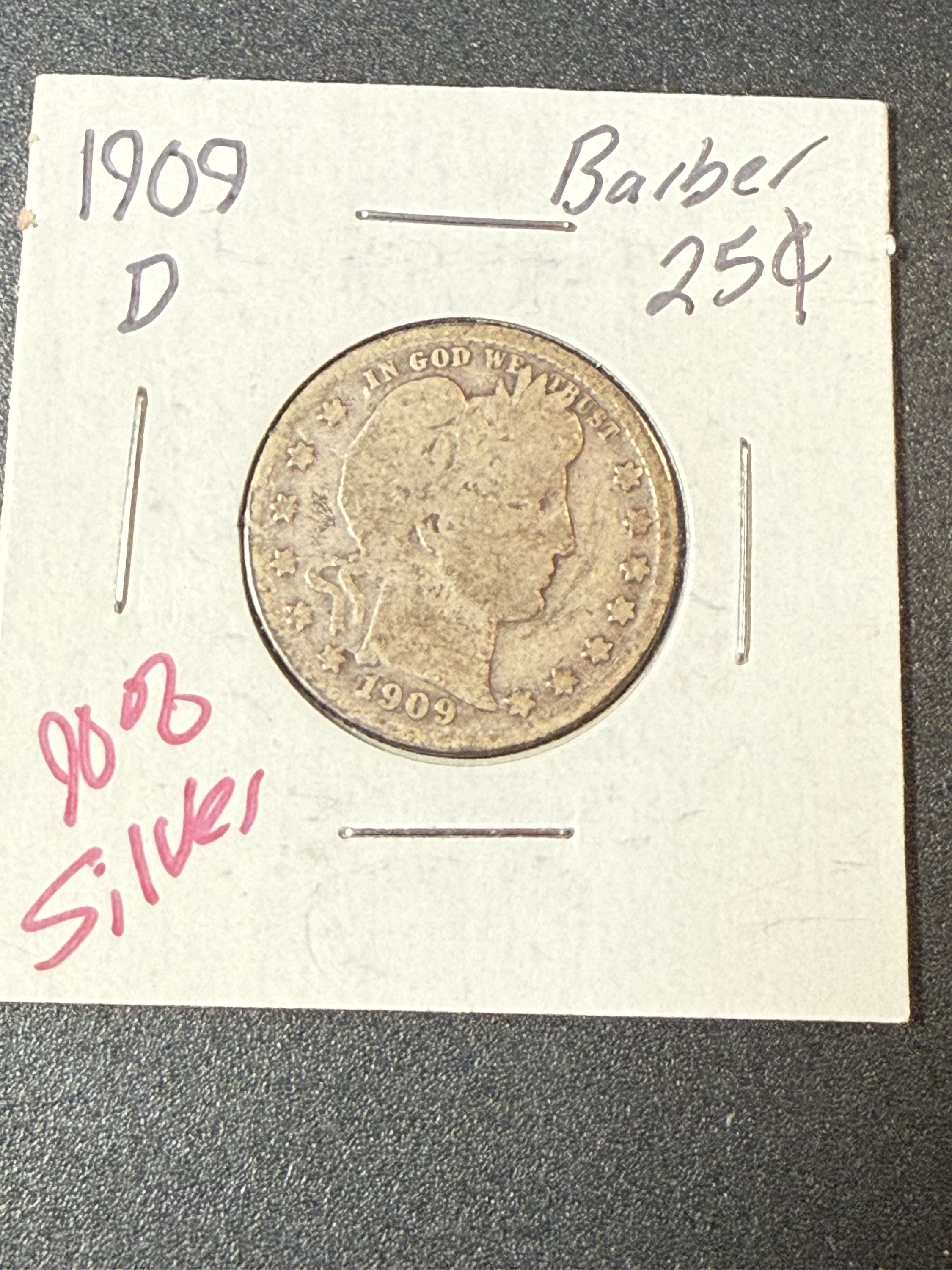 1909 D Barber Quarter 25 Cents 90% Silver Coin - For Sale, Buy Now ...