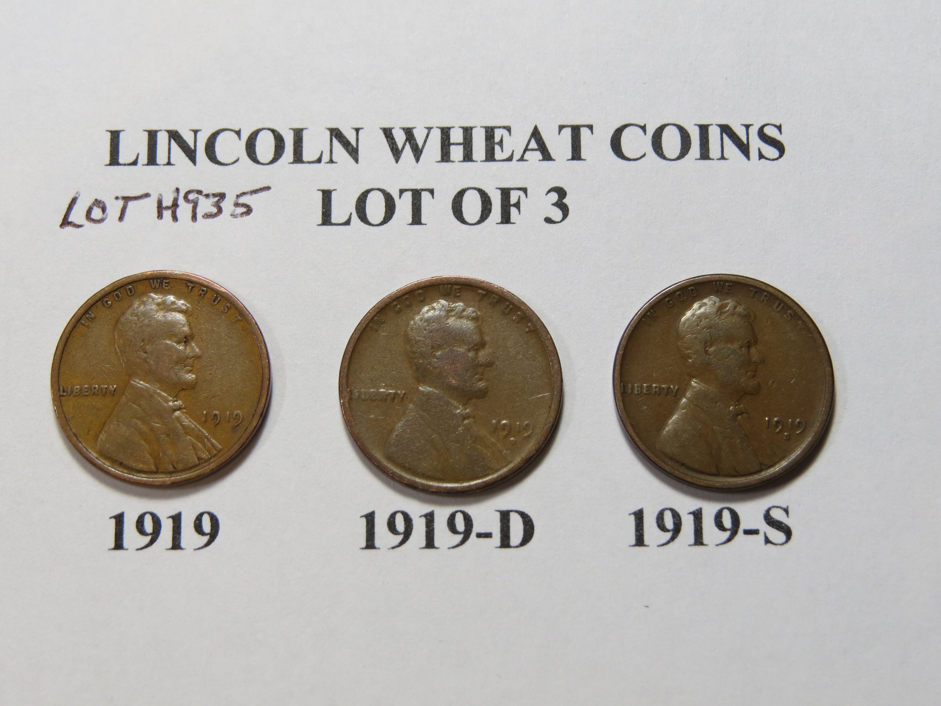 1919-P 1919-D 1919-S LINCOLN WHEAT CENTS (LOT OF 3 Coins) LOT H935 ...