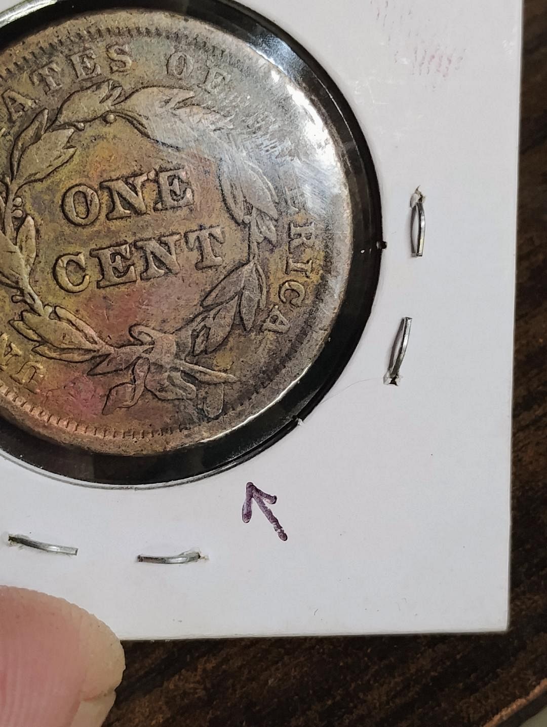 1843 large cent lamination on reverse lower right, f-12, details ...