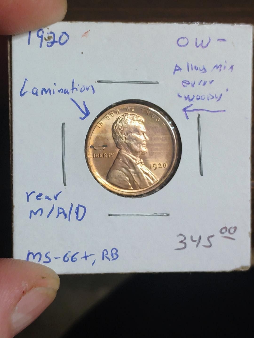 1920 LINCOLN WHEAT CENT MS-66+ RB OBVERSE LAMINATION, REVERSE MAD ...