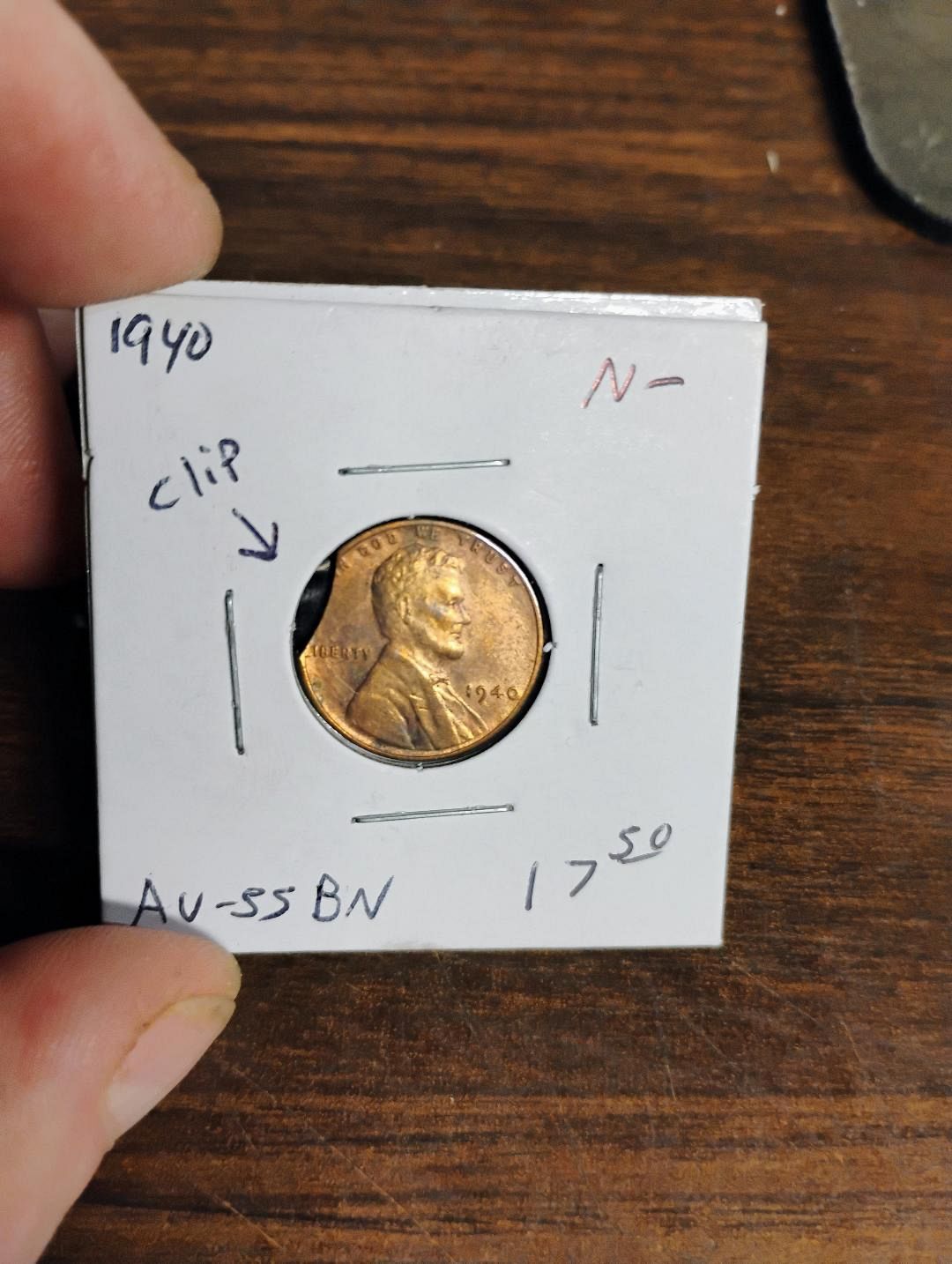 1940 LINCOLN WHEAT CENT AU-55 BN, CLIP AND LATHE LINES ON REVERSE ERROR ...