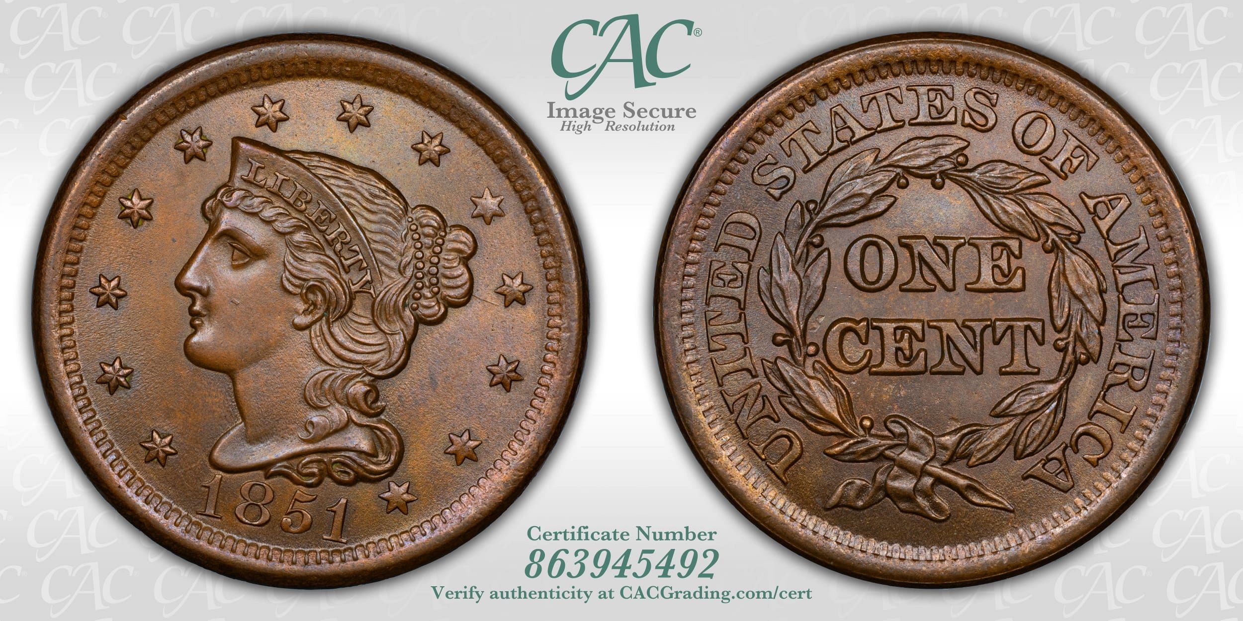 1851 Braided Hair Large Cent, CACG MS-64+BN, Only Plus, Gemmy Coin ...