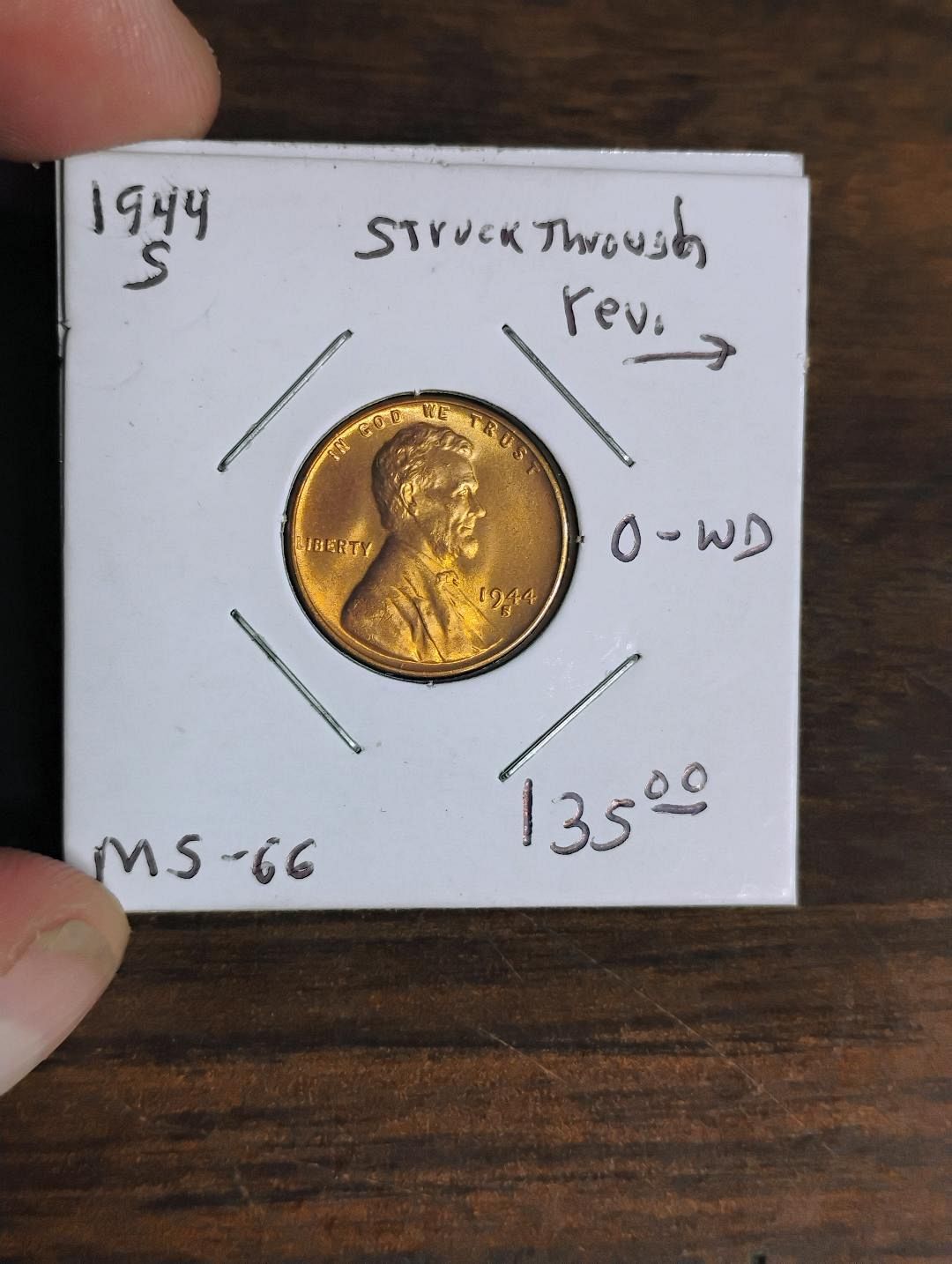 1944-S LINCOLN WHEAT CENT MS-66, RED STRUCK THROUGH CLOTH ON REVERSE ...