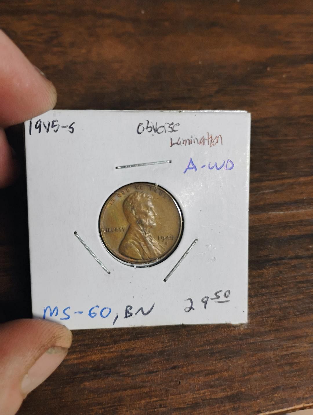 1945-S LIINCOLN WHEAT CENT MS-60, BROWN OBVERSE LAMINATION ERROR COIN ...
