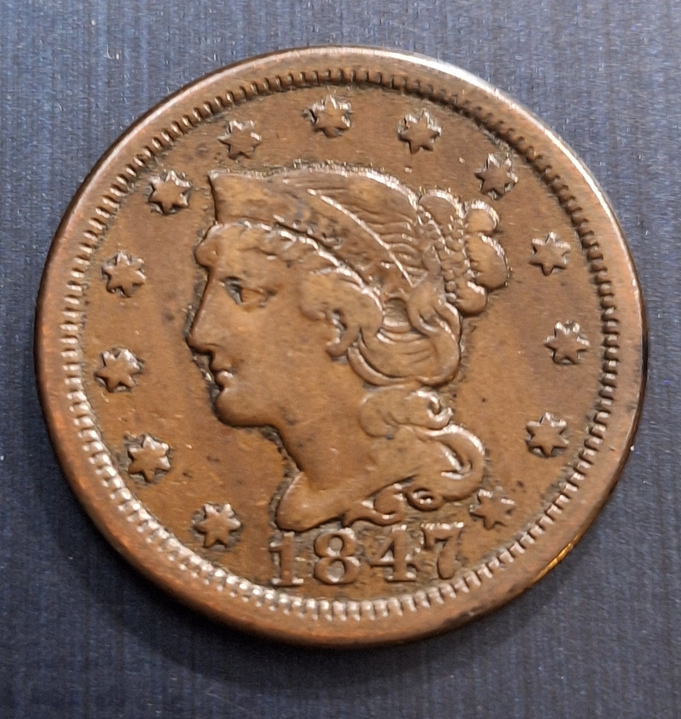 1847 Braided Hair Large Cent - For Sale, Buy Now Online - Item #928219