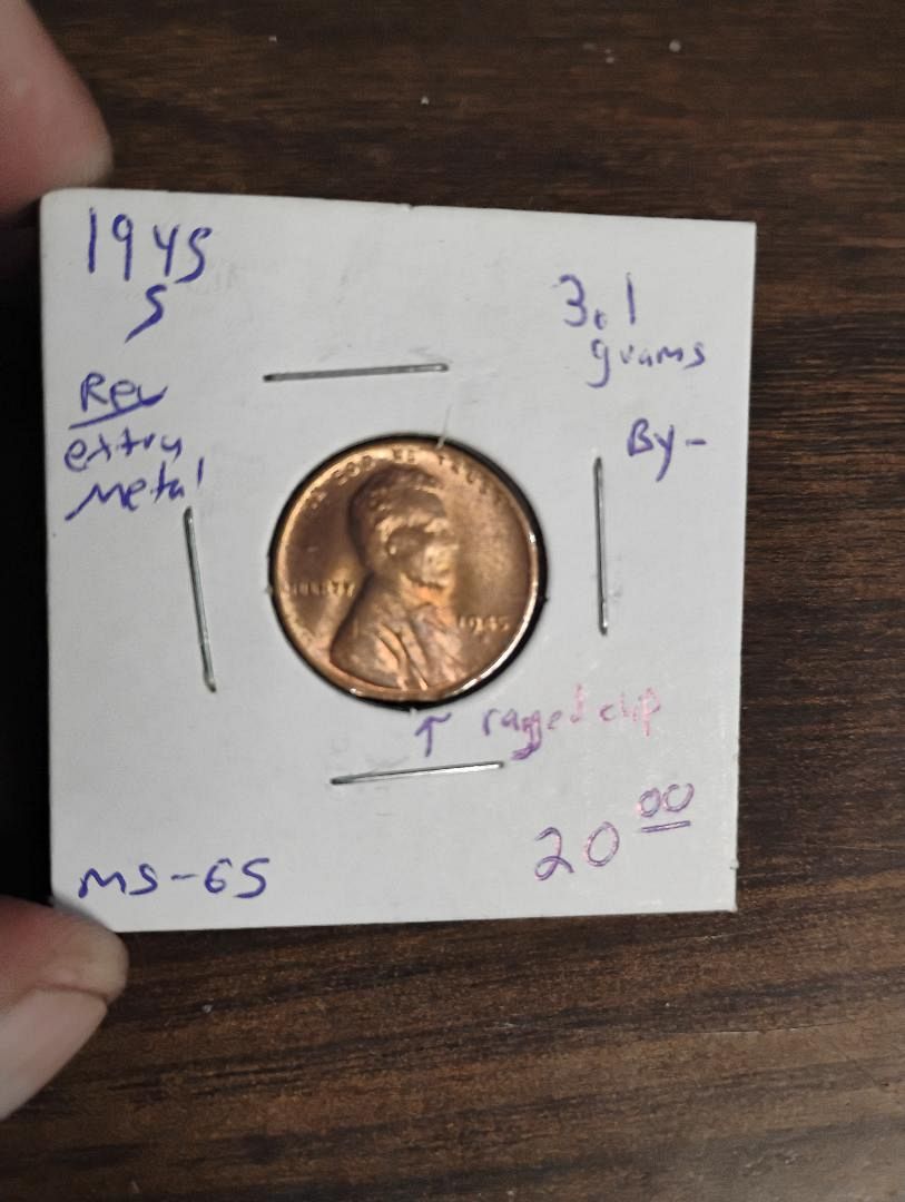 1945-S LINCOLN WHEAT CENT MS-65 RB RAGGED CLIP, EXTRA METAL REVERSE ...