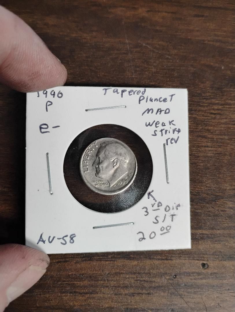 1990-P ROOSEVELT DIME AU-58 TAPERED PLANCHET, MIS ALIGNED DIE, 3RD DIE ...