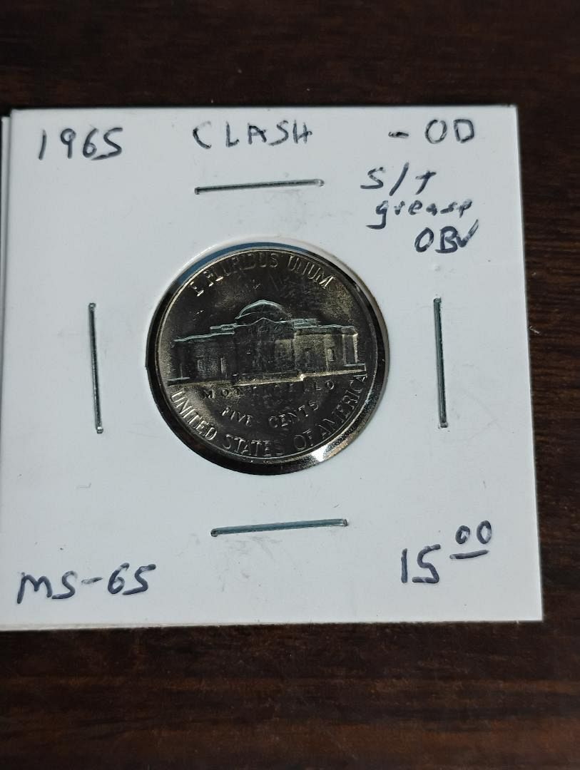 1965 JEFFERSON NICKEL MS-65 CLASH ON REVERSE, STRUCK THROUGH GRREASE ON ...
