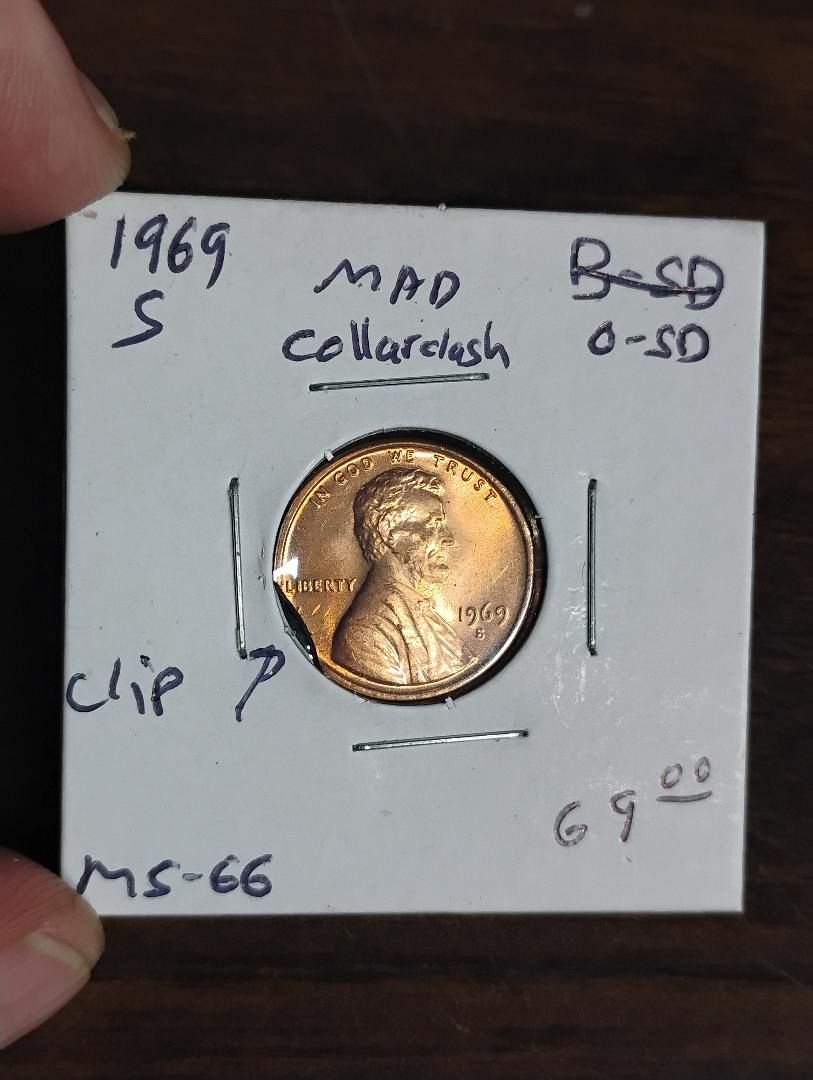 1969-S LINCOLN MEMORIAL CENT MS-66, RED CLIP, MAD & ROTATED DIE ERROR ...